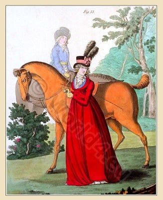 The Regency fashion. Riding dress. Black beaver hat. 1795.