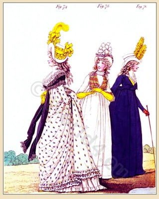 The fashion of Regency. Riding dress of grey cloth. Caroline hat. 1795.