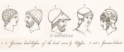 The Chlamys, the Petasos, the Himation, the Chiton. Helmets.