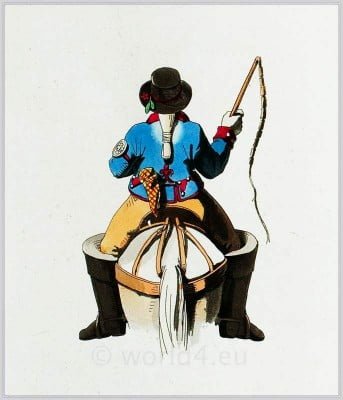 French Postillion wearing sçavans, nankeen trousers and leather hat.