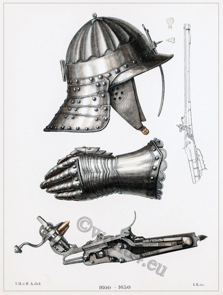 30 years war weapons. Helmet, gloves and a musketeer rifle.