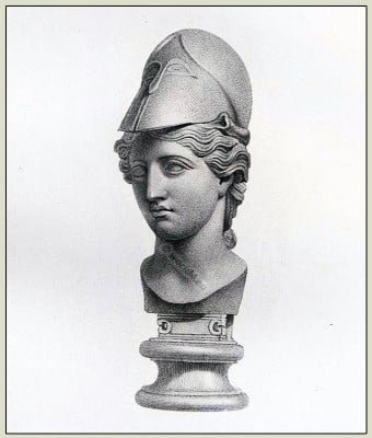 Head of Minerva with helmet, slightly inclined to the right.