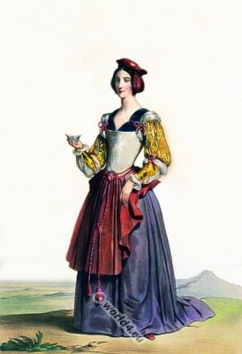 Costume of a French lady. 17th century. Dame Francaise. XVIIe siècle.