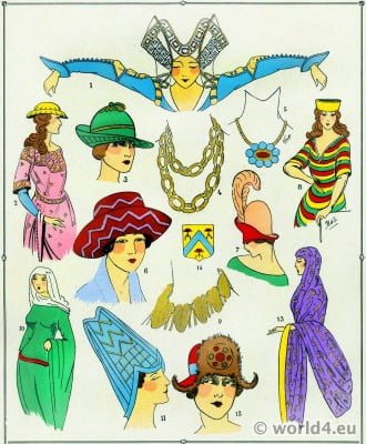 Characteristic Headdresses of the 14th century. Variety of shape's.