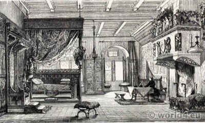 Medieval room interior, 15th century. The history of Tobit.