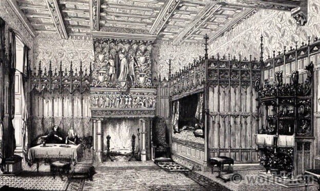 Medieval room interior, 15th century. The history of Tobit.