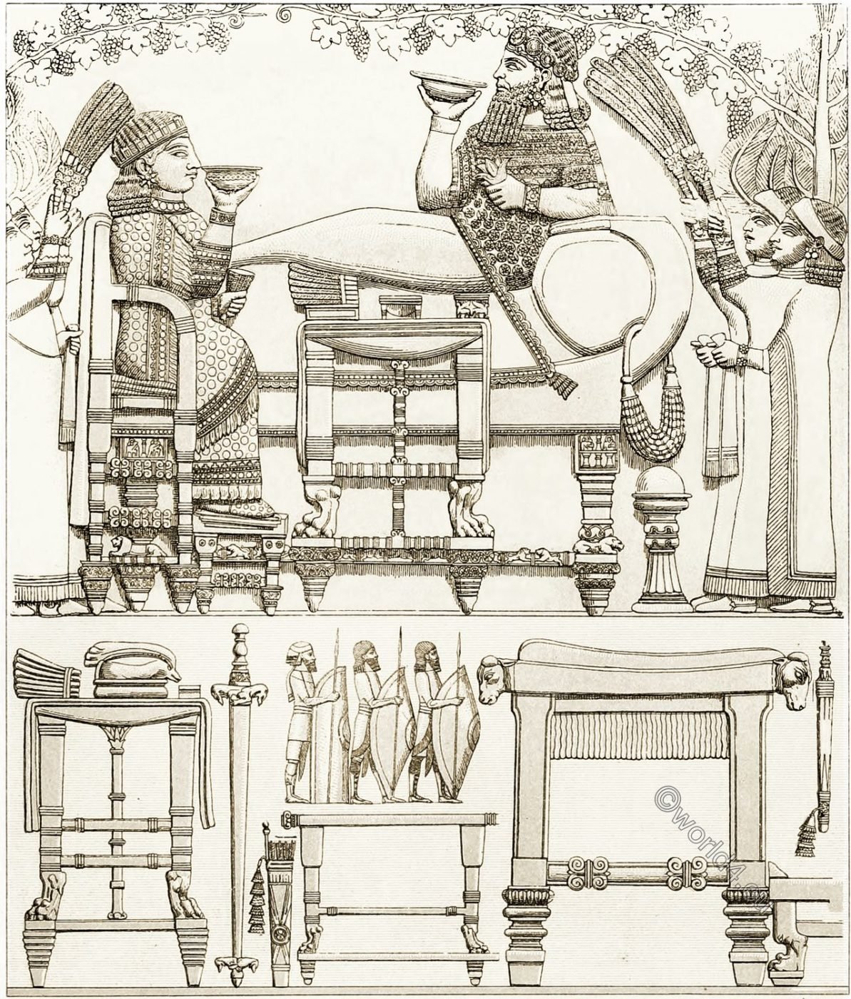 Assyrian-Babylonian culture. Costumes, weapons, furniture.