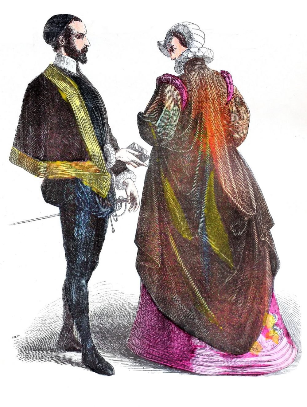 French nobleman and noblewoman in court dress. 16th century.
