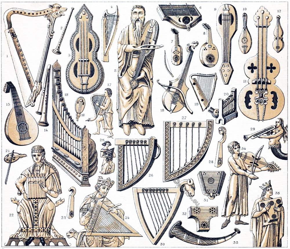 Musical instruments of the Middle Ages from the 12th to the 16th century.