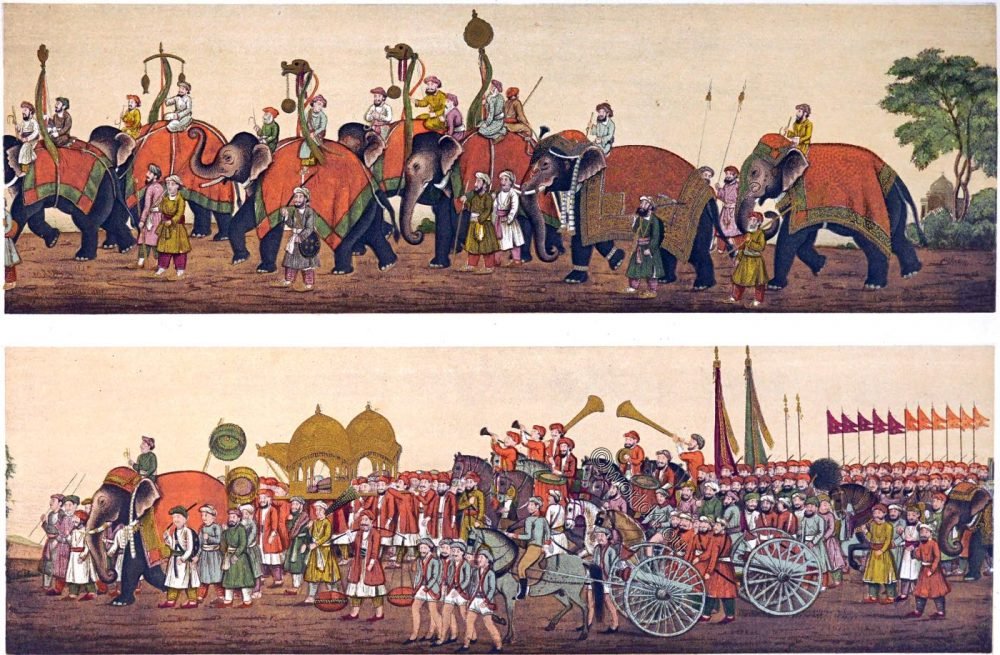 A Procession of the Emperor Akbar Shah II surrounded by his court.