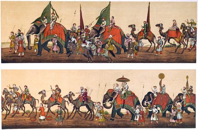 A Procession of the Emperor Akbar Shah II surrounded by his court.