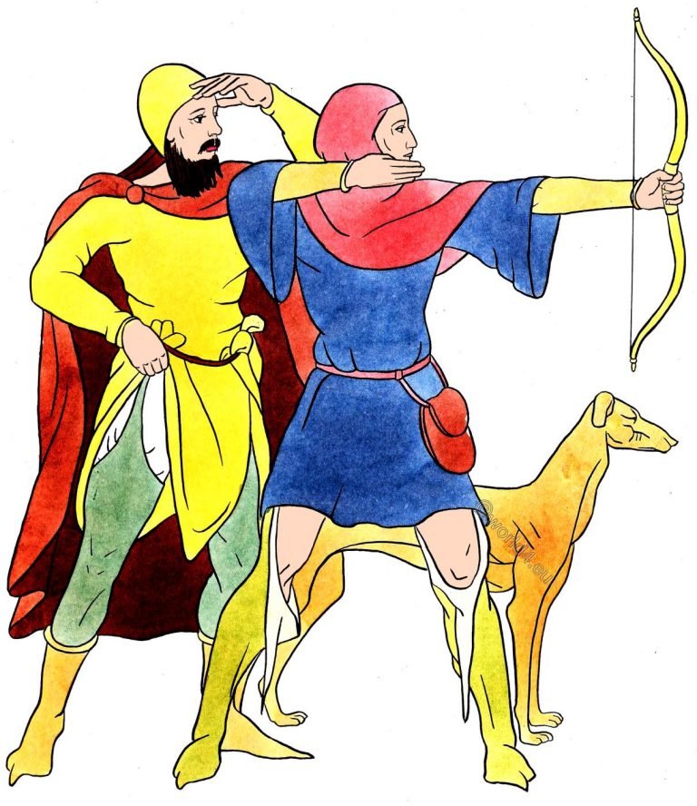 England. Lower Class costumes of the Middle Ages.