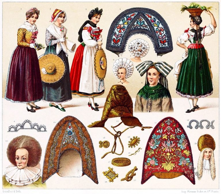 Costumes of Alsace. Hairdresses and headgear of the different estates.