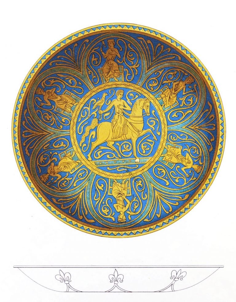 An enamelled alms dish with fleurs-de-lys and arabesque ornaments.