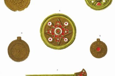 Anglo-Saxon dress, ornaments and relics of gold and bronze.
