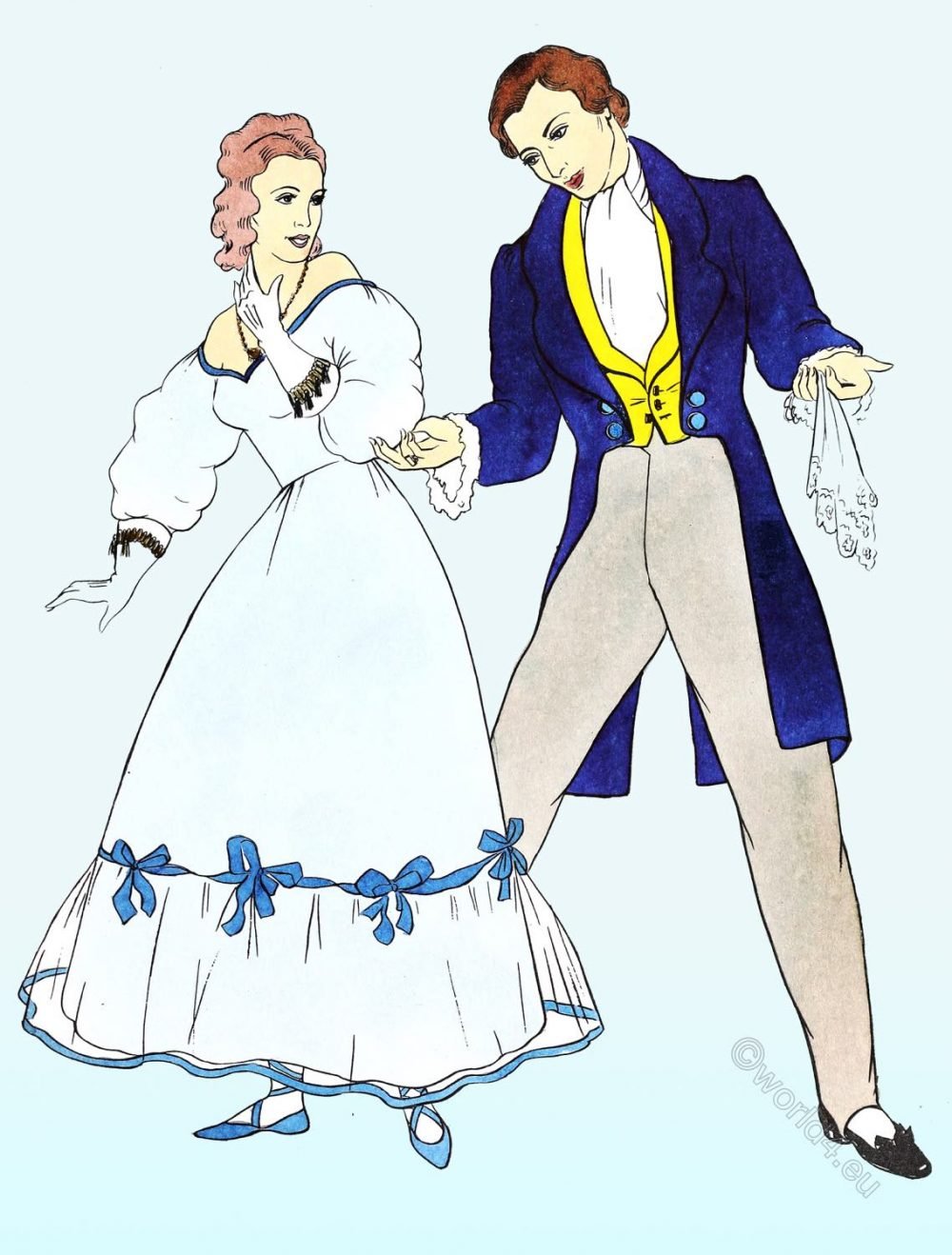 Empire Romantic. Young lady wears a ballroom ensemble of the 1820's.