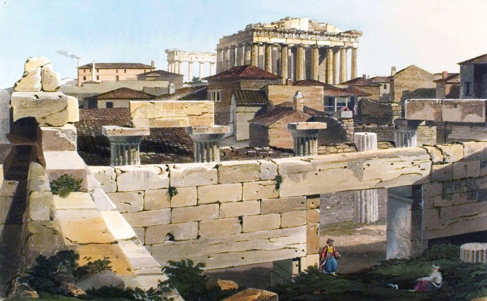 View of the Parthenon on the Athenian Acropolis, from the Propyleae.