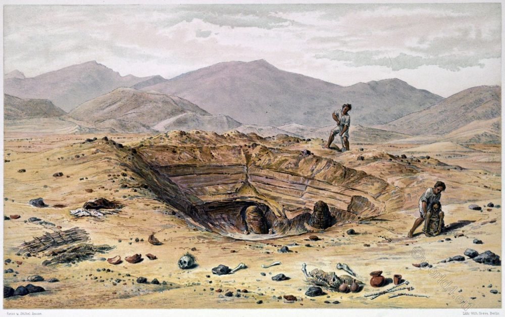 Exposed graves with Mummies of simple type.