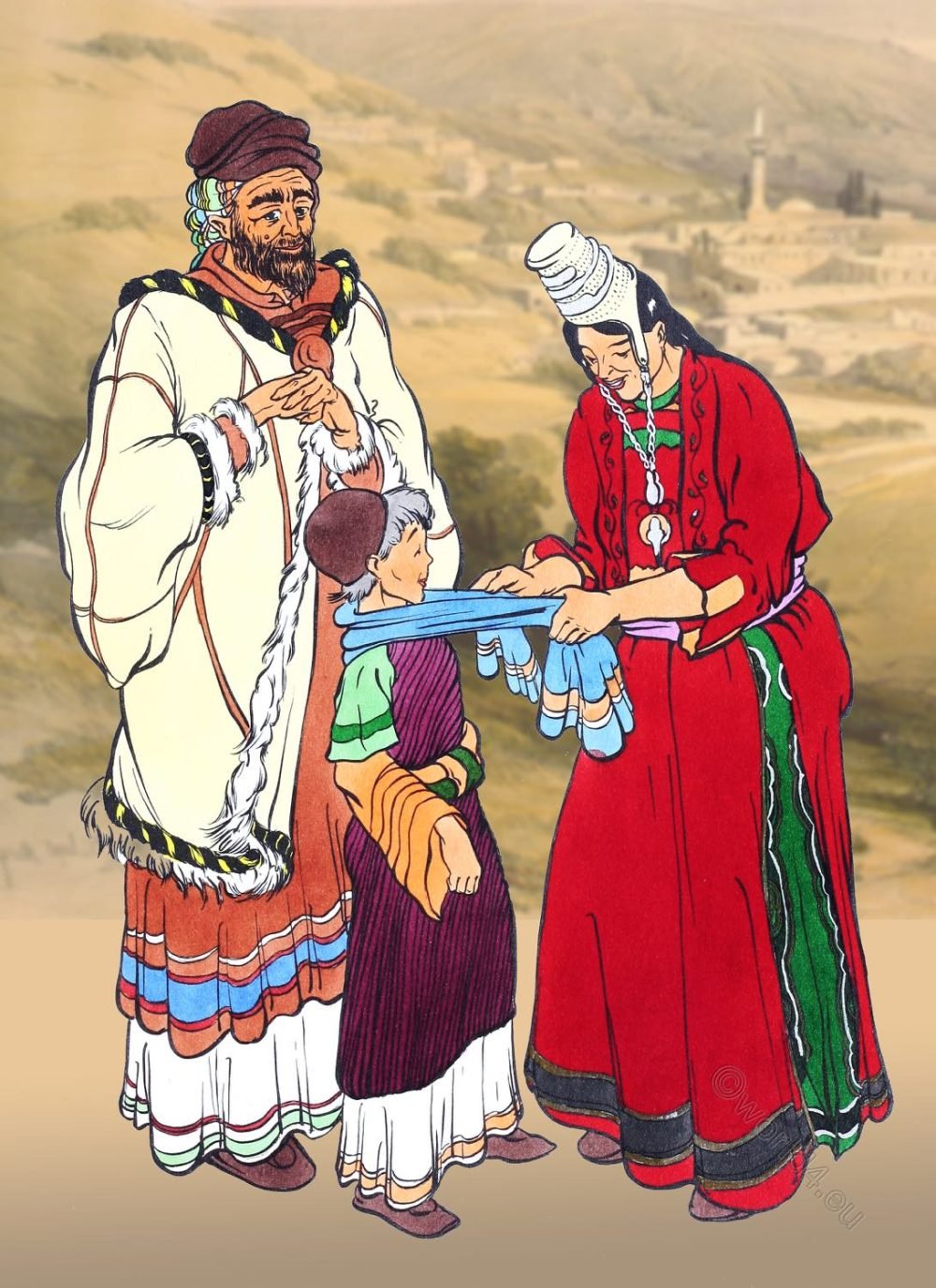 Palestine. Herdsmen and christian woman in Bethlehem costume.